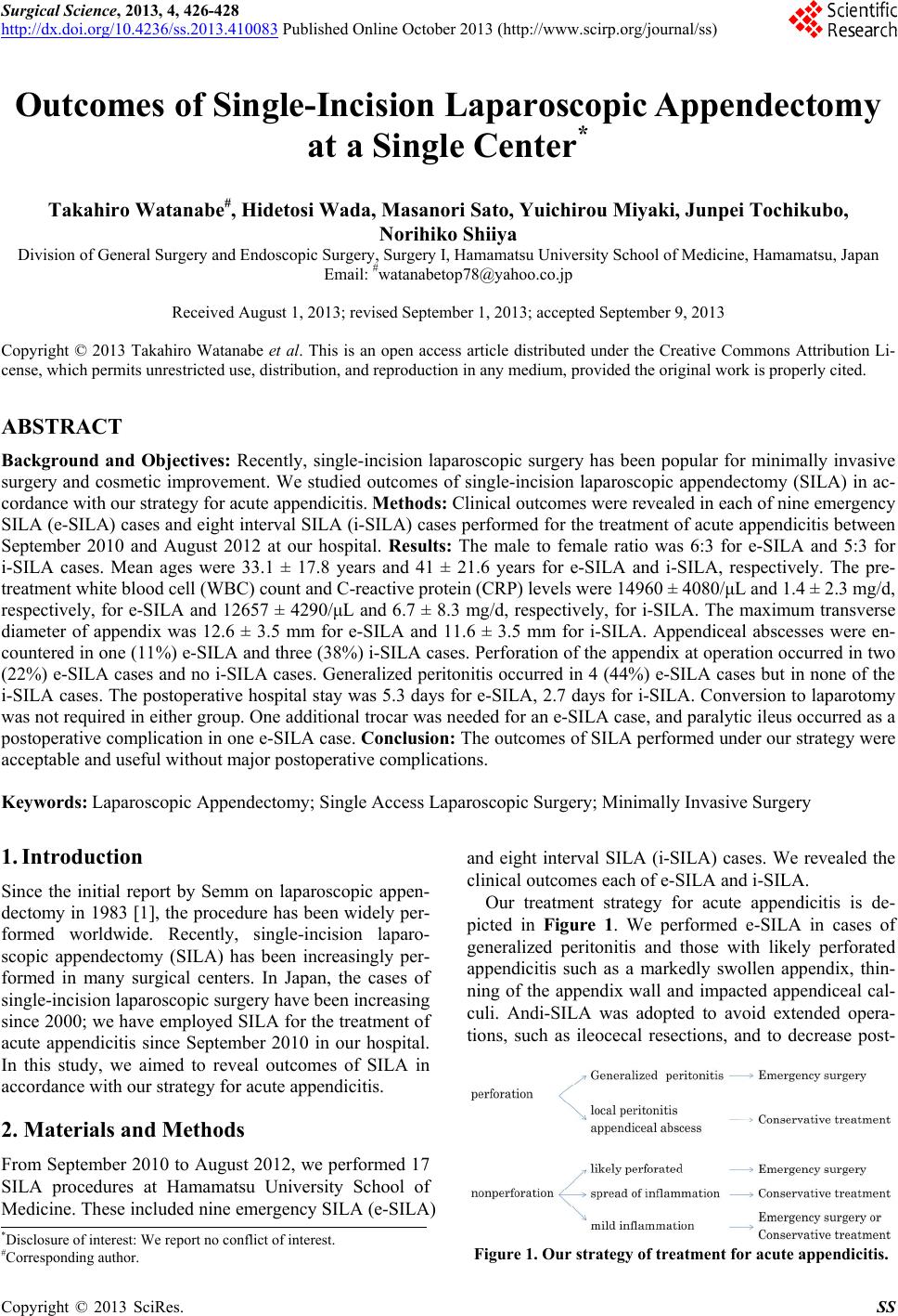 Outcomes of Single-Incision Laparoscopic Appendectomy at a Single Center