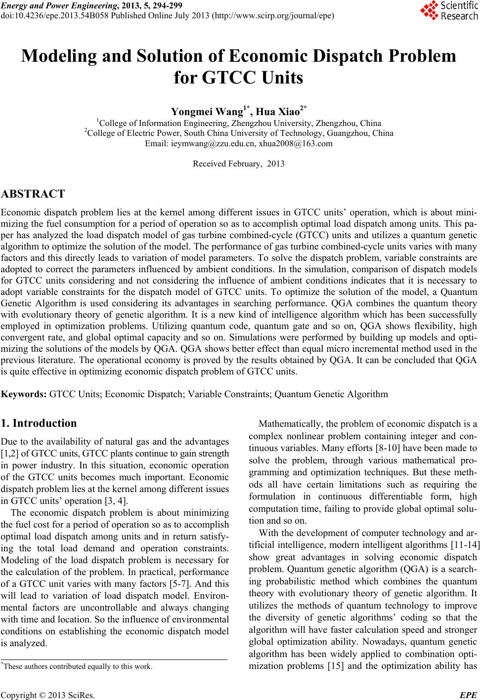 Modeling and Solution of Economic Dispatch Problem for GTCC Units