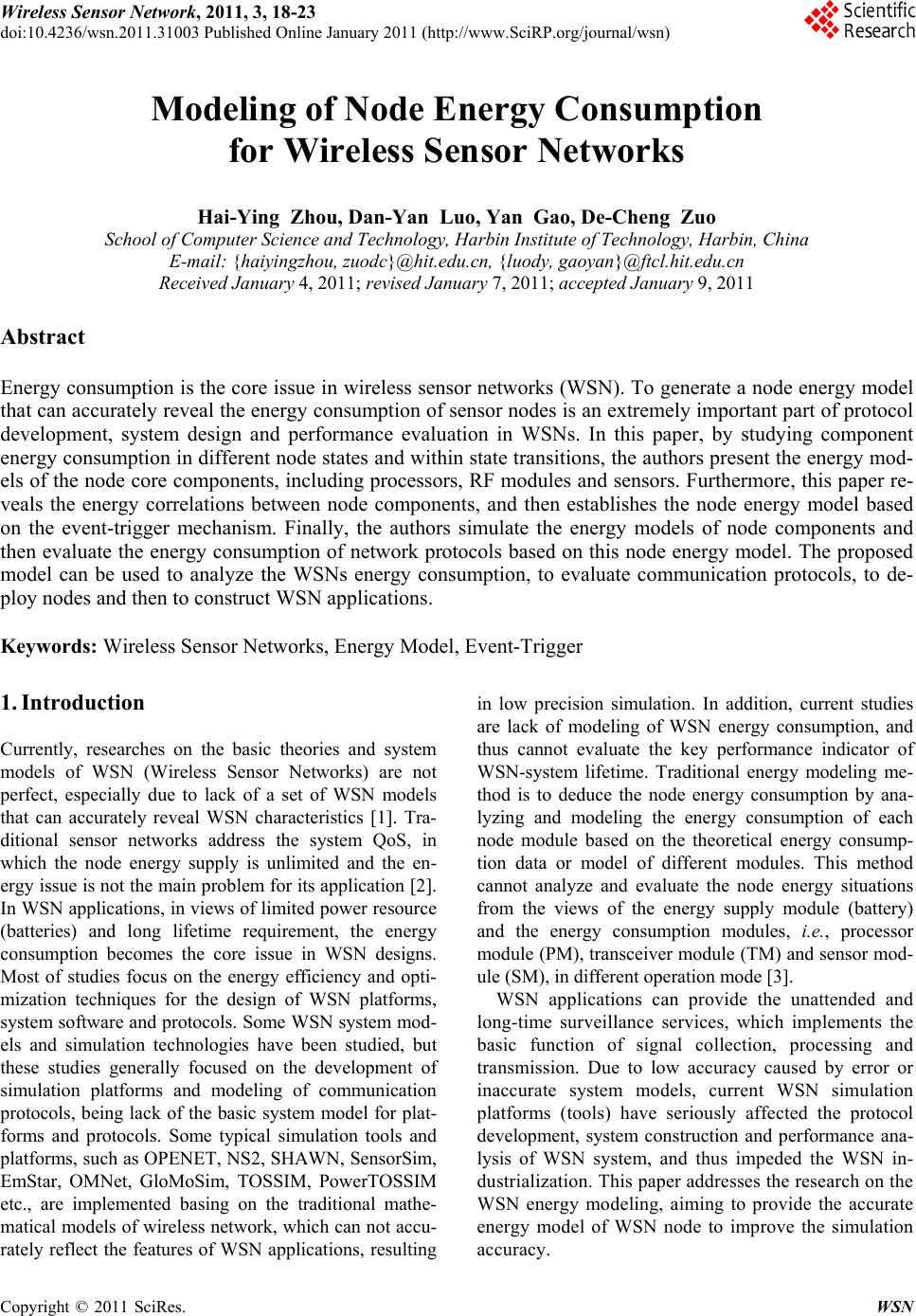 Modeling of Node Energy Consumption for Wireless Sensor Networks
