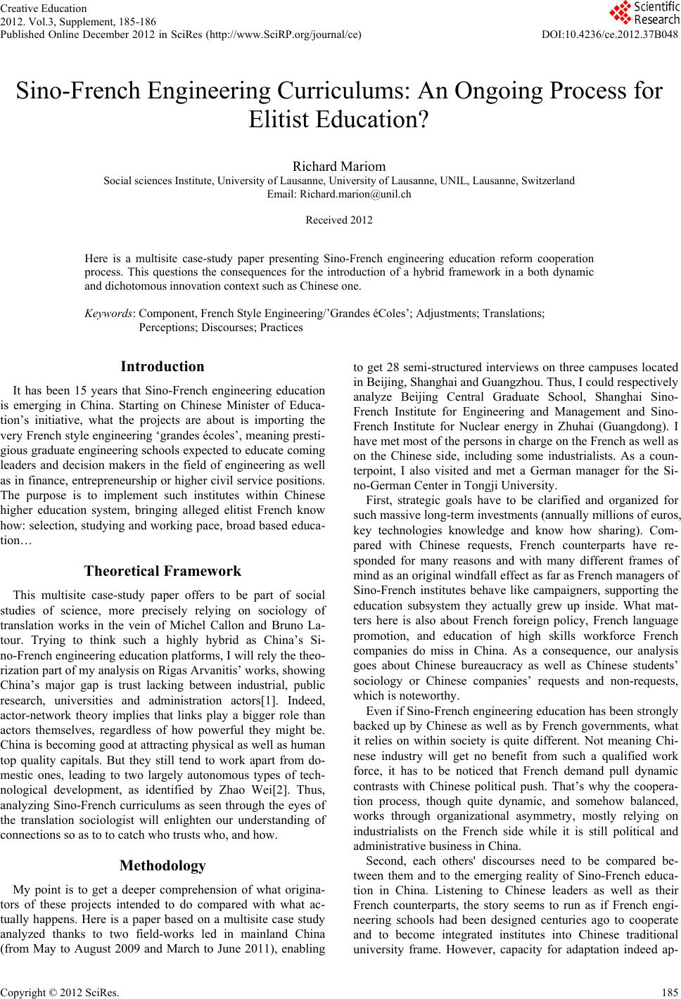 Sino-French Engineering Curriculums: An Ongoing Process for Elitist ...