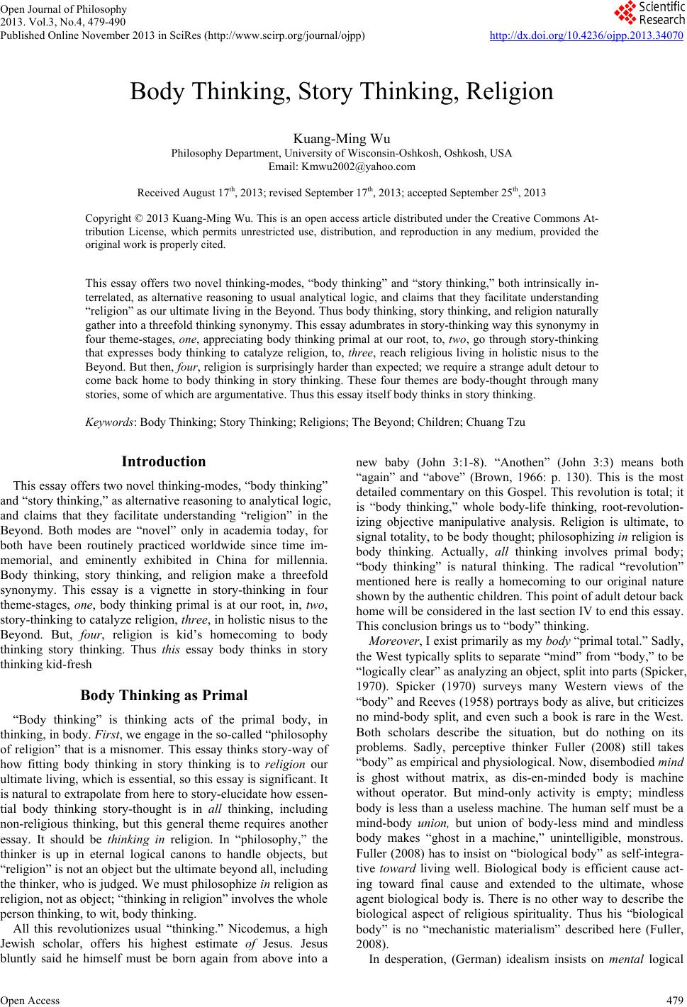 Body Thinking, Story Thinking, Religion