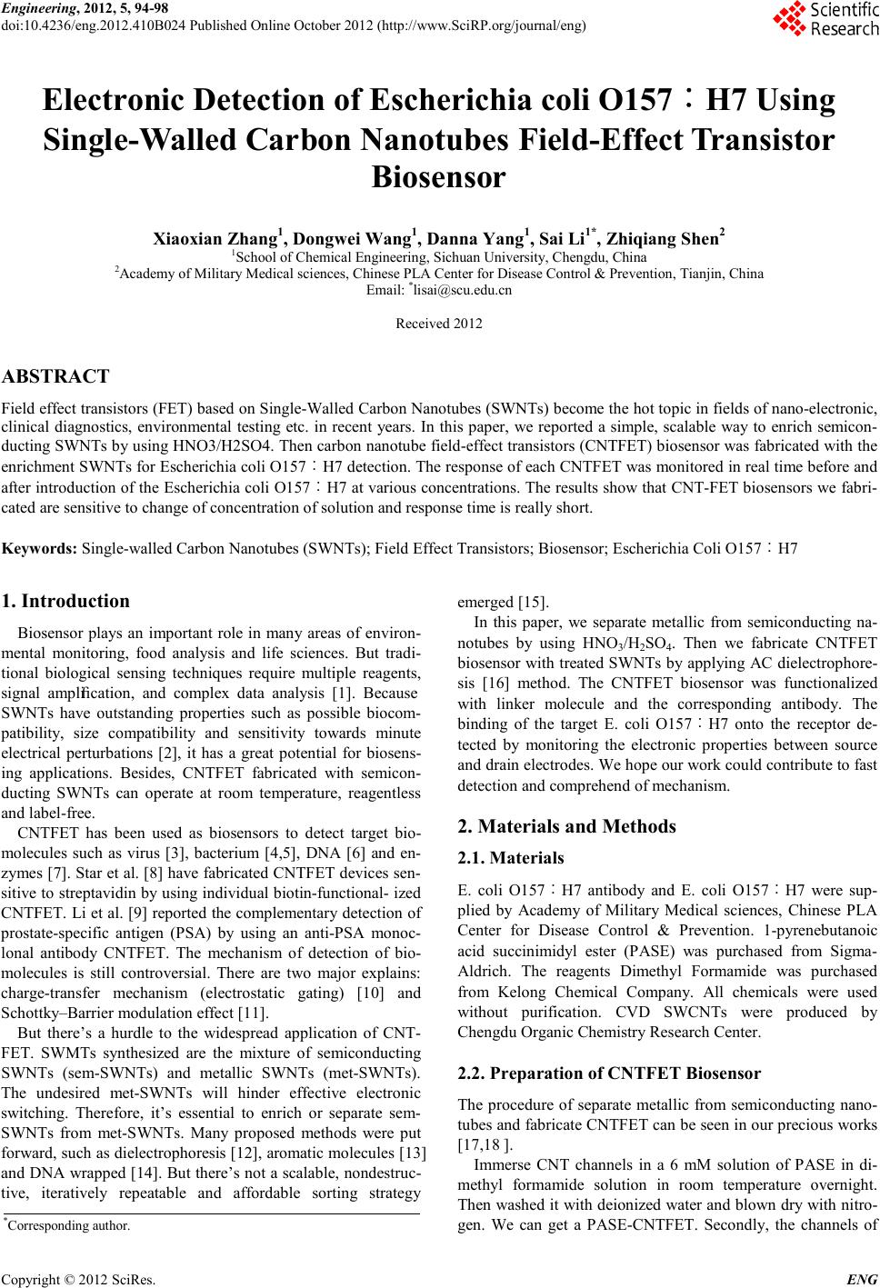 Electronic Detection of Escherichia coli O157︰H7 Using Single-Walled ...