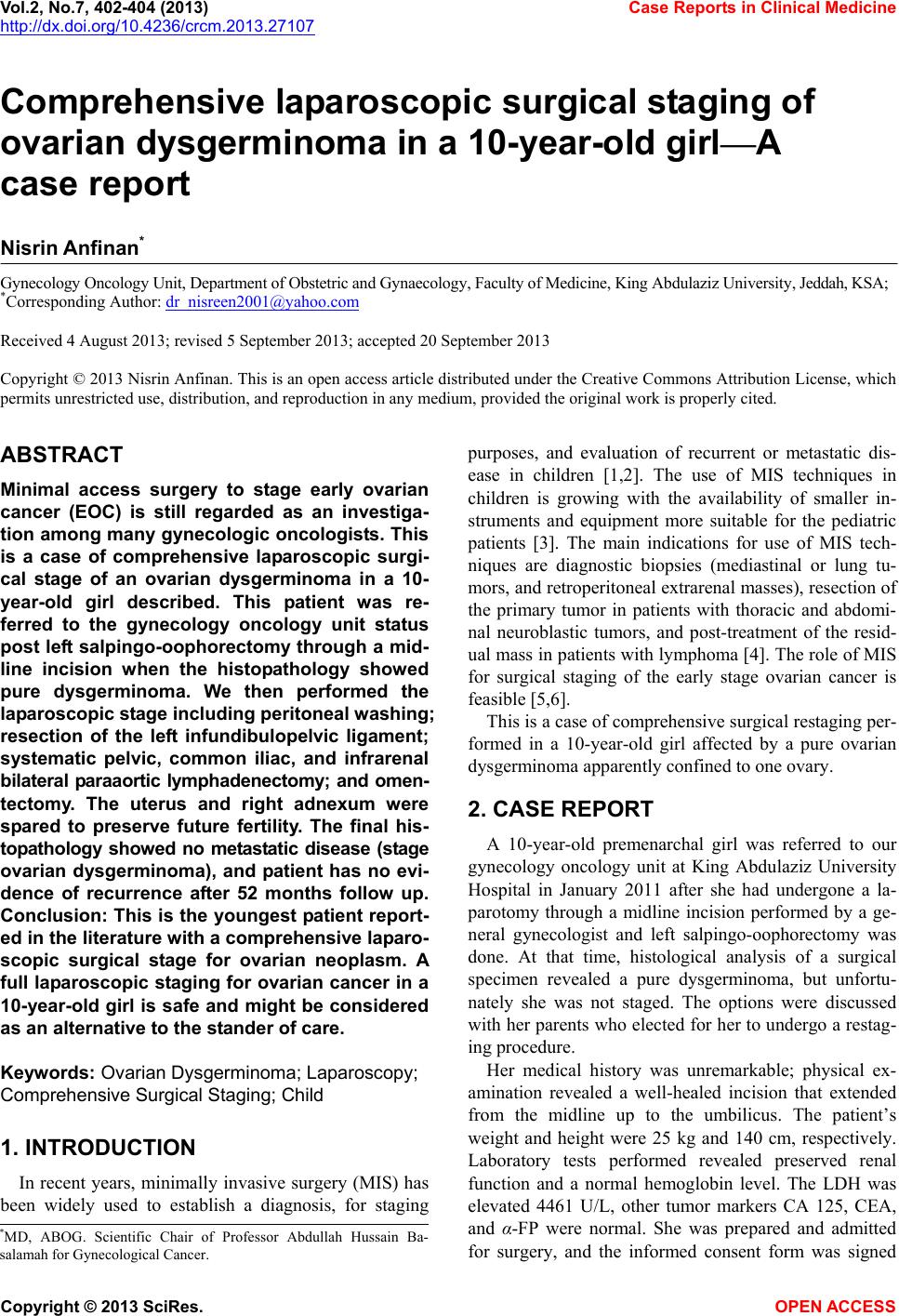 Comprehensive laparoscopic surgical staging of ovarian dysgerminoma in ...