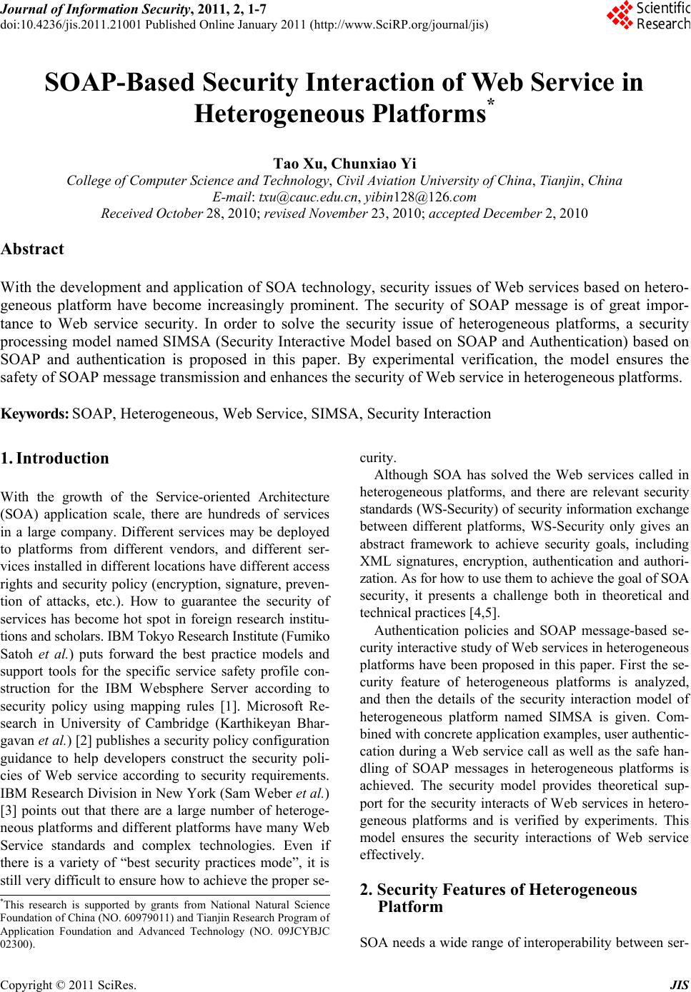 SOAP-Based Security Interaction of Web Service inHeterogeneous Platforms