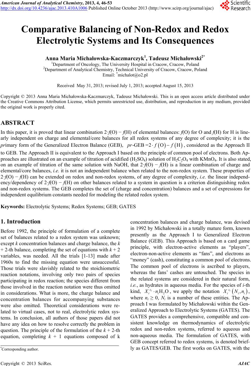 Comparative Balancing of Non-Redox and Redox Electrolytic Systems and ...