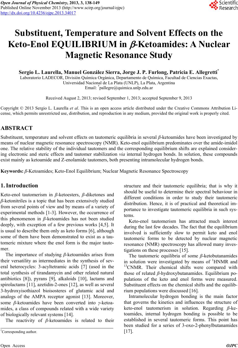 Substituent, Temperature and Solvent Effects on the Keto-Enol ...