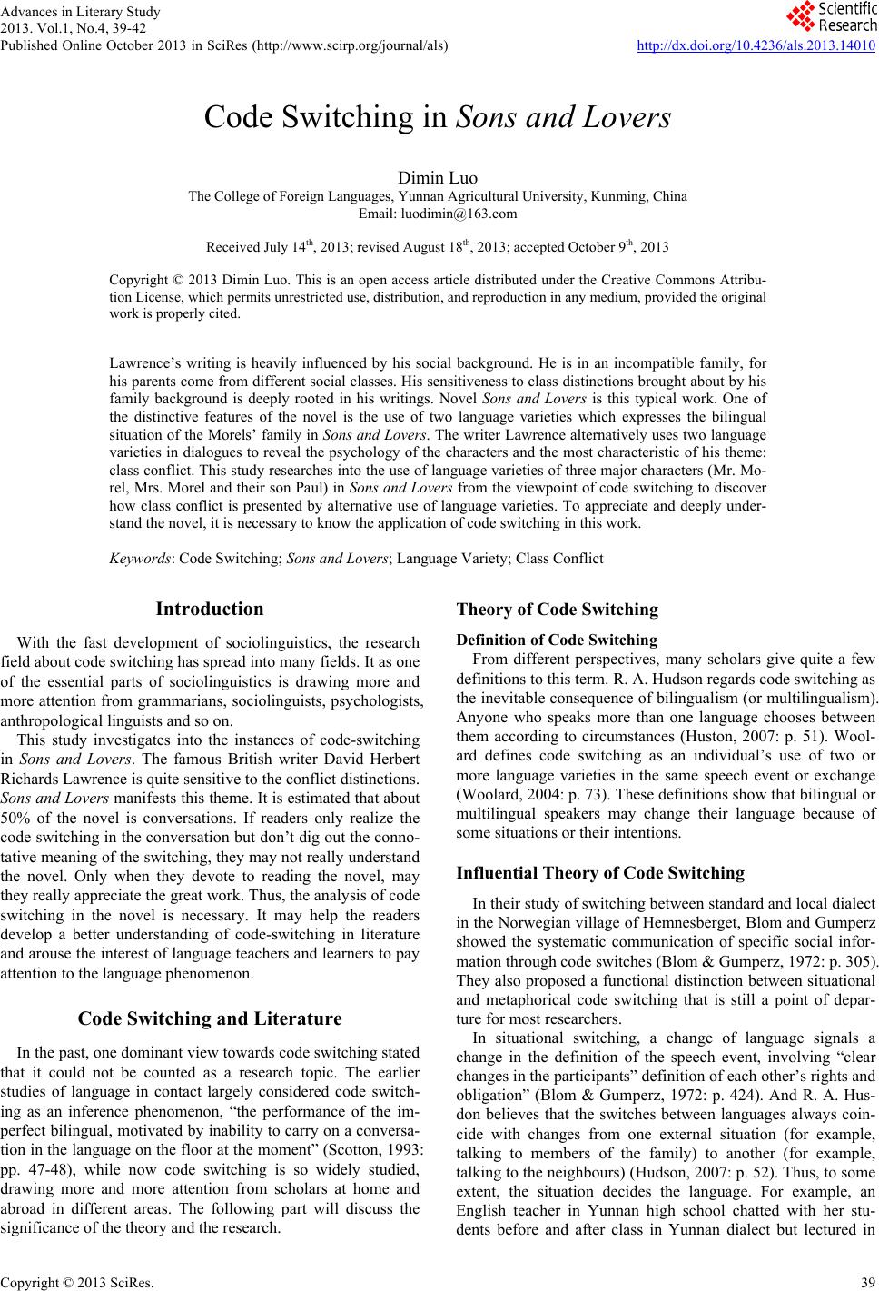 Code Switching in Sons and Lovers