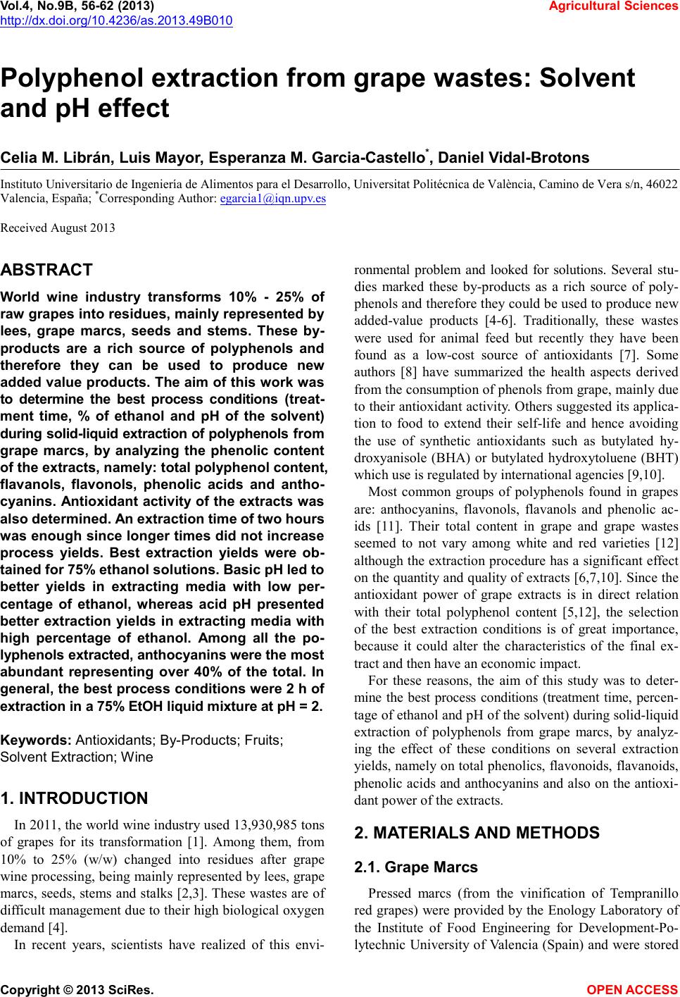 Polyphenol extraction from grape wastes: Solvent and pH effect