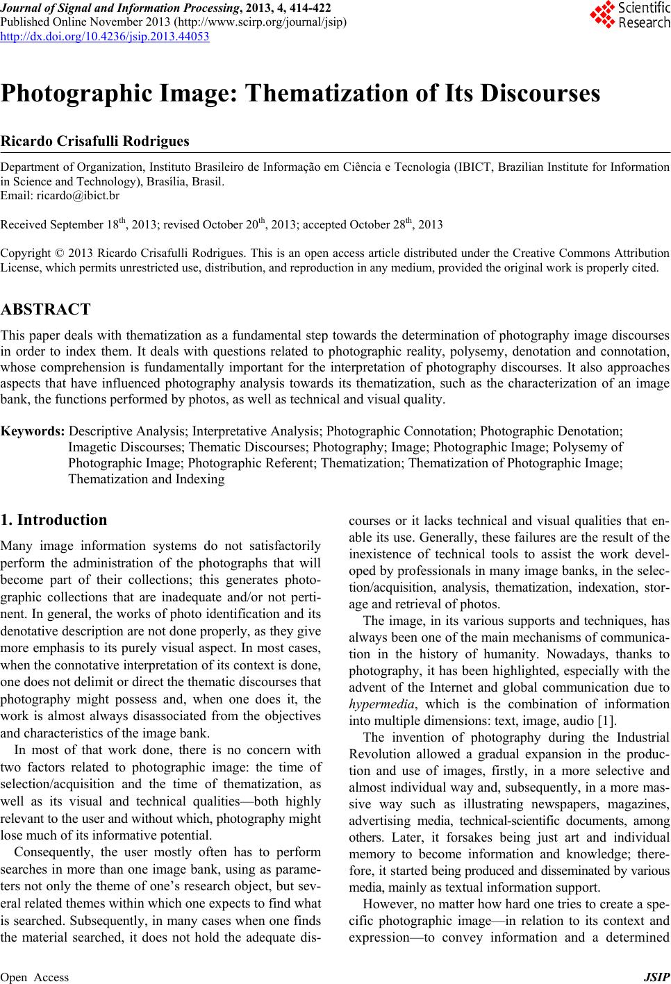 Photographic Image: Thematization of Its Discourses