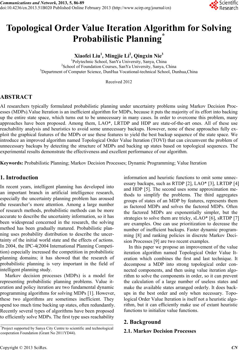 Topological Order Value Iteration Algorithm for Solving Probabilistic Planning