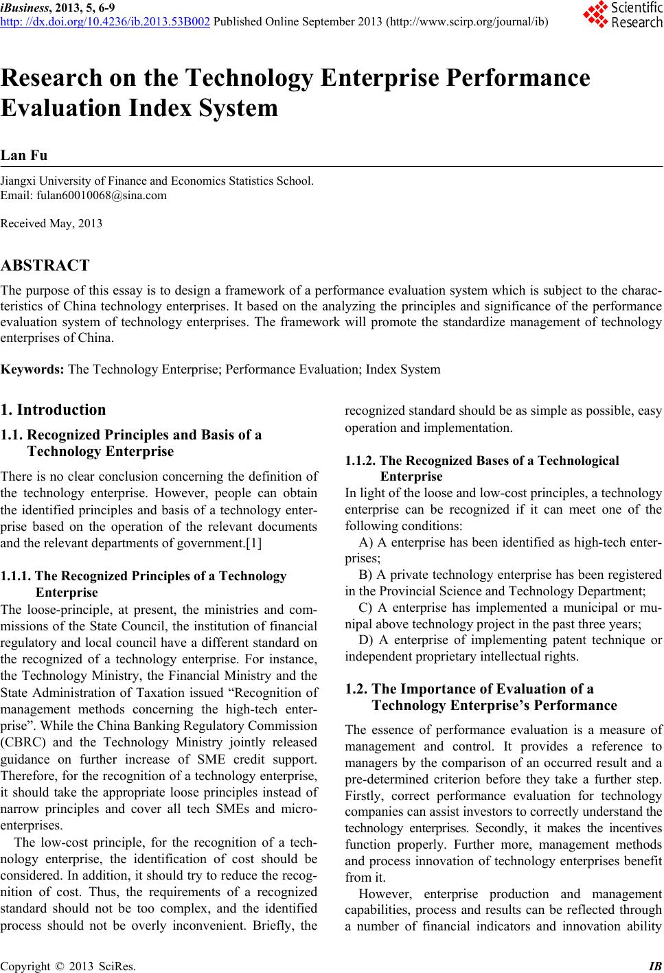 Research on the Technology Enterprise Performance Evaluation Index System