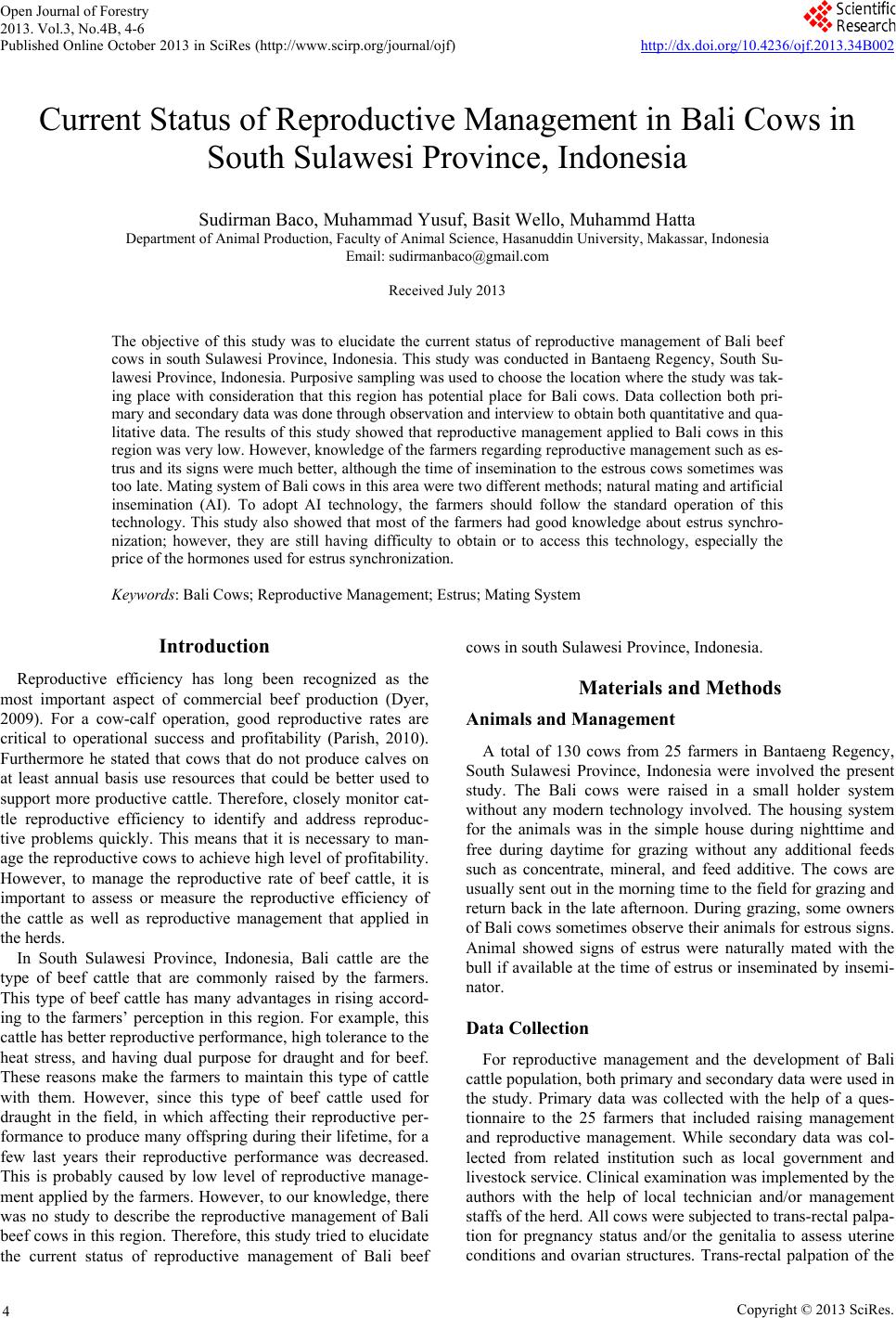 Current Status of Reproductive Management in Bali Cows in South Sulawesi Province, Indonesia