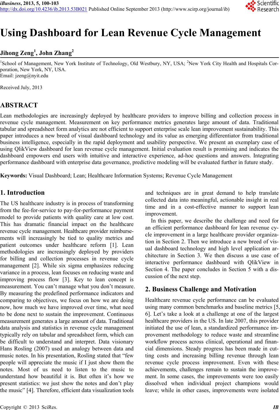 Using Dashboard for Lean Revenue Cycle Management