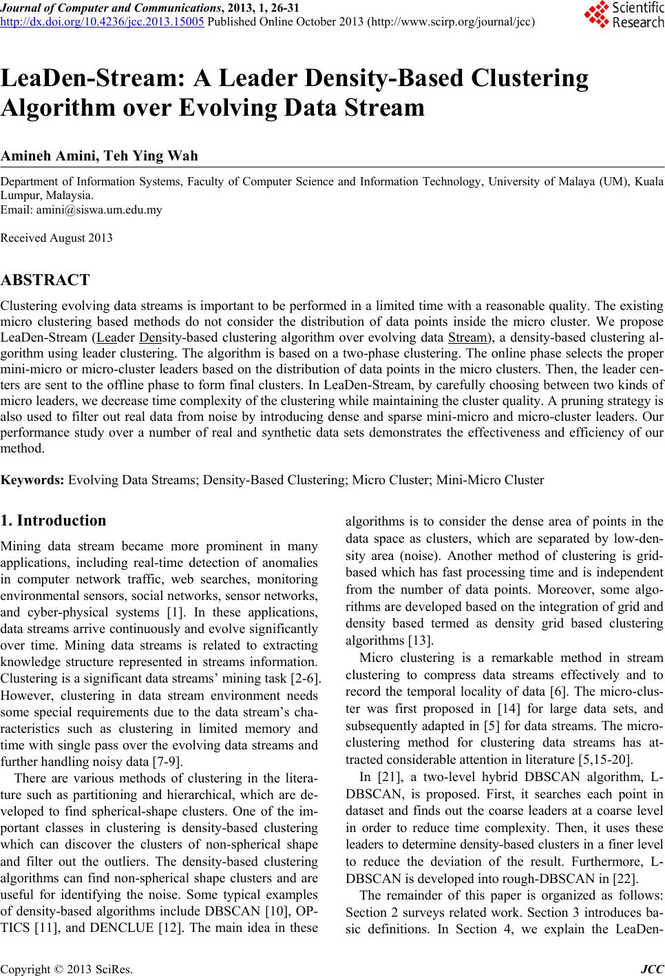 LeaDen-Stream: A Leader Density-Based Clustering Algorithm over Evolving Data Stream