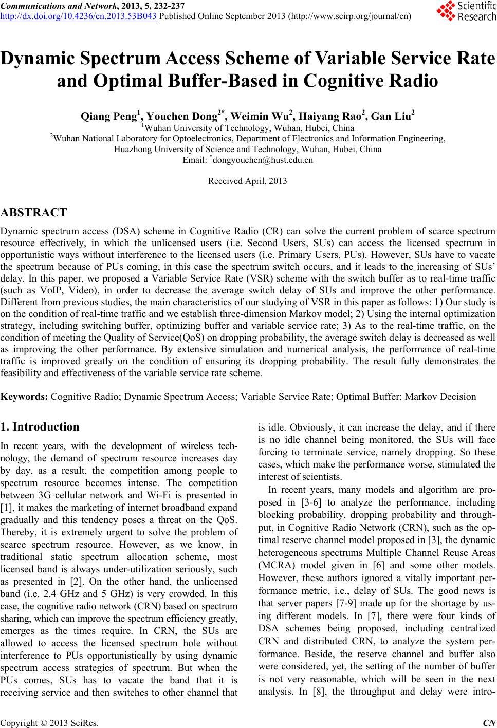 Dynamic Spectrum Access Scheme Of Variable Service Rate And Optimal Buffer Based In Cognitive Radio