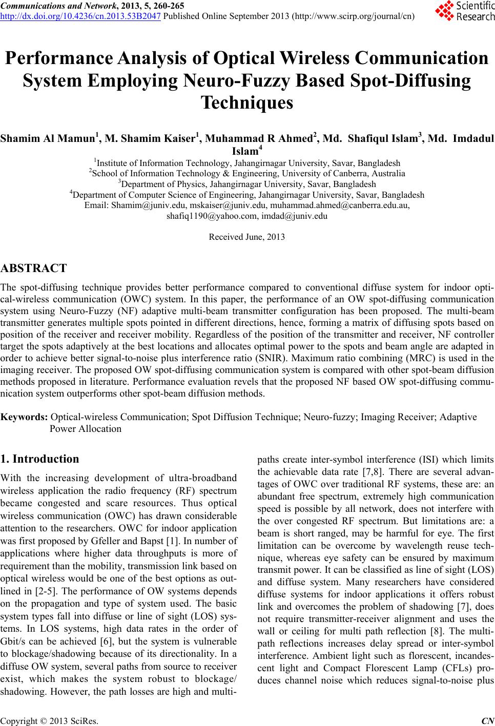 Performance Analysis of Optical Wireless Communication System Employing Neuro-Fuzzy Based Spot ...