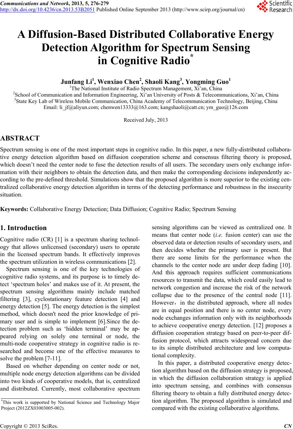 A Diffusion Based Distributed Collaborative Energy Detection Algorithm 