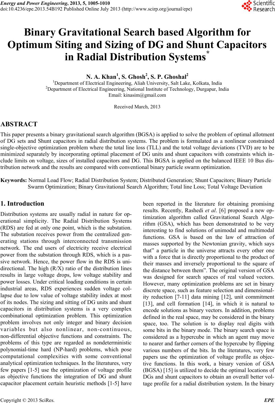 Binary Gravitational Search based Algorithm for Optimum Siting and Sizing of DG and Shunt ...