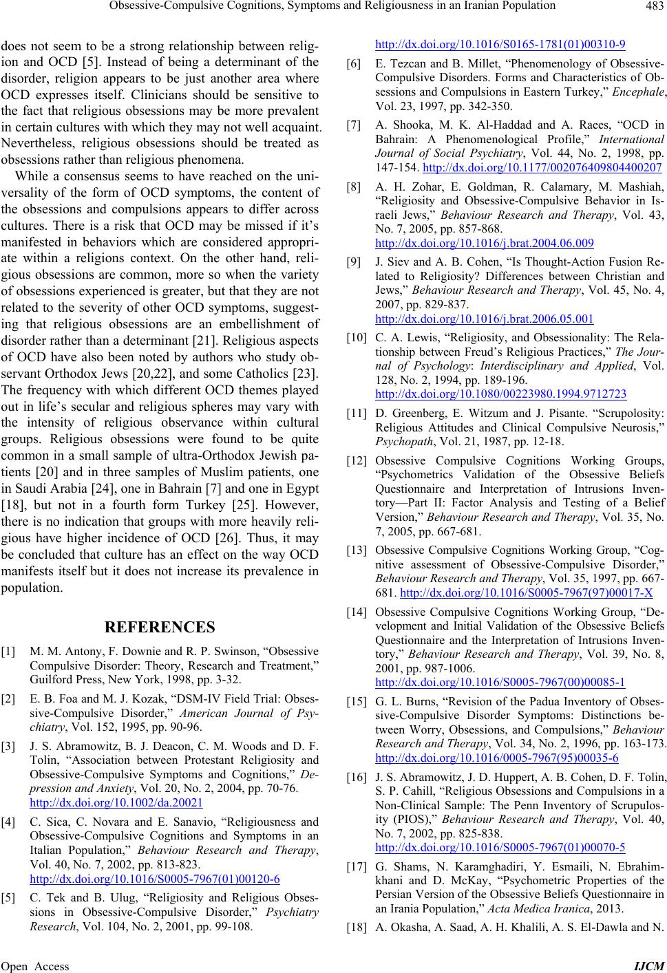 Obsessive-Compulsive Cognitions, Symptoms and Religiousness in an ...