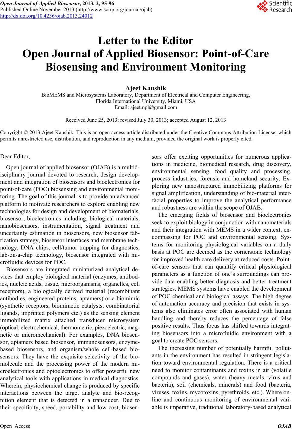 Open Journal of Applied Biosensor: Point-of-Care Biosensing and ...