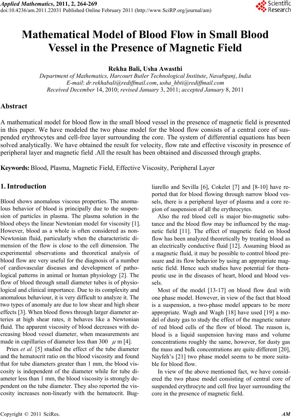 Mathematical Model of Blood Flow in Small Blood Vessel in the Presence ...
