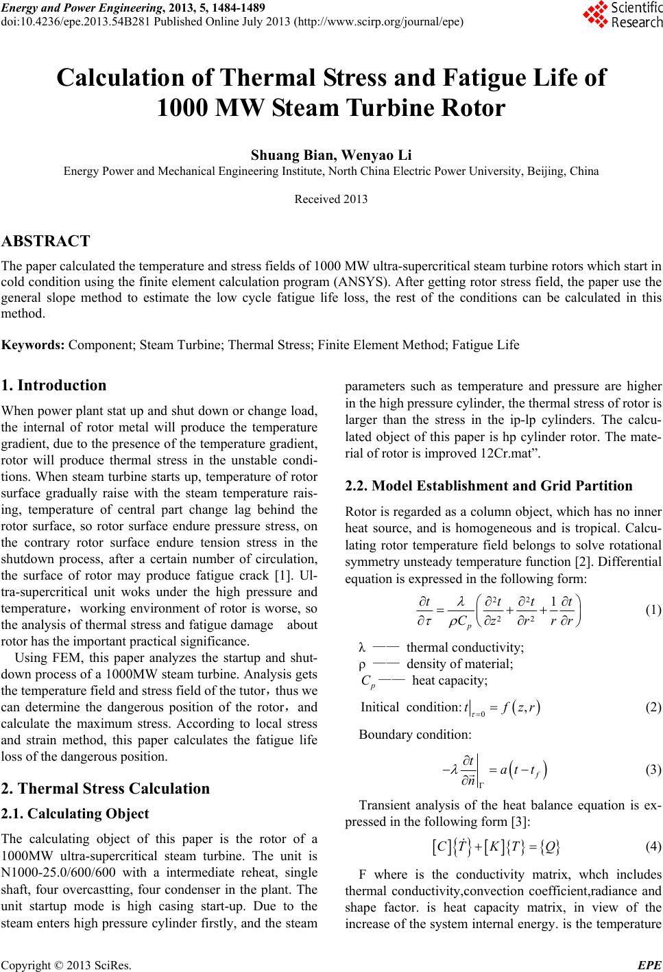 Calculation of Thermal Stress and Fatigue Life of 1000 MW Steam Turbine ...