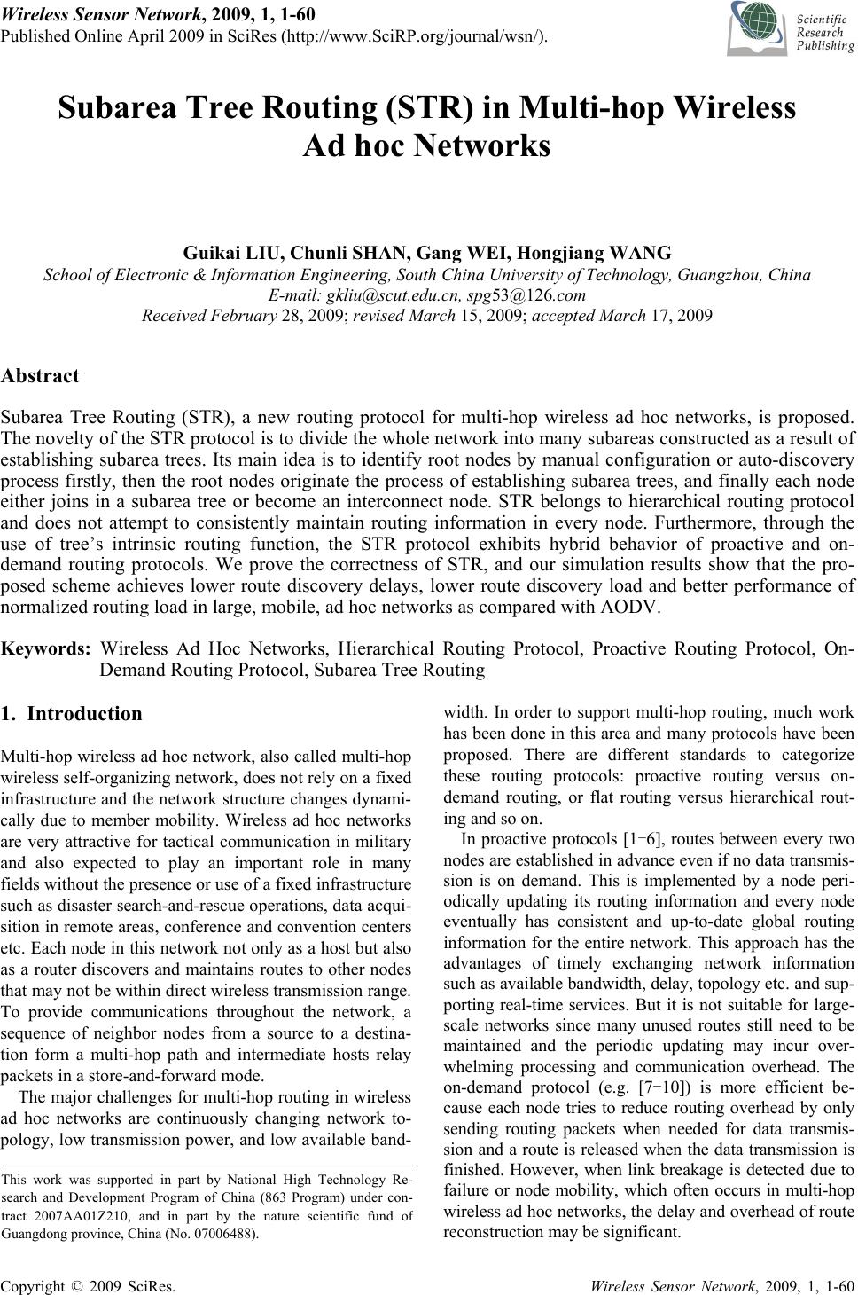 Subarea Tree Routing (STR) in Multi-hop Wireless Ad hoc Networks