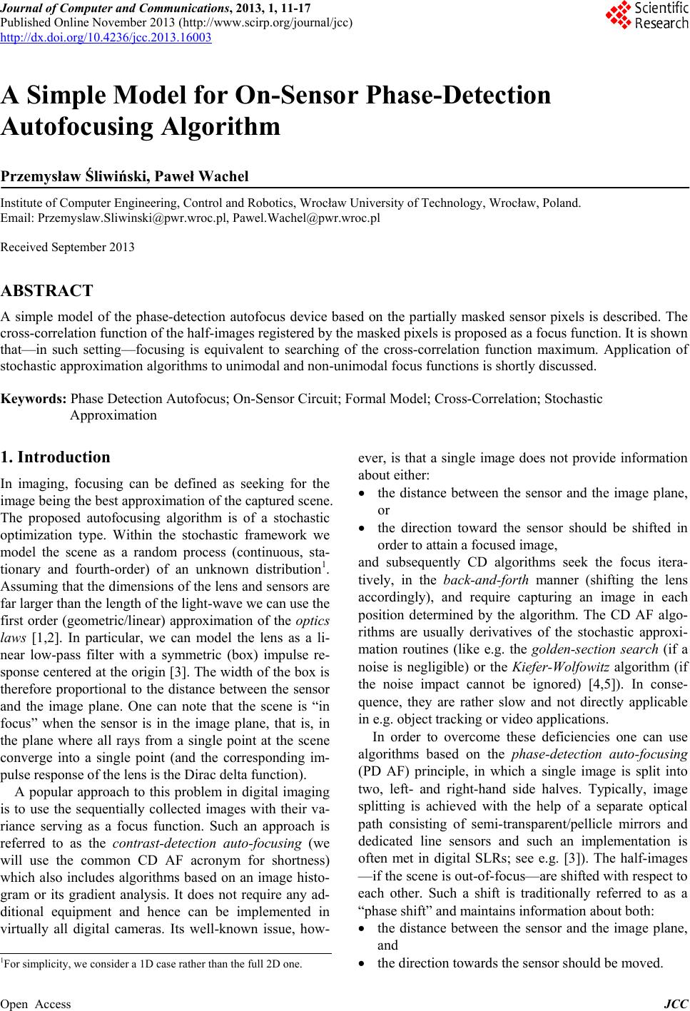 A Simple Model For On Sensor Phase Detection Autofocusing Algorithm 