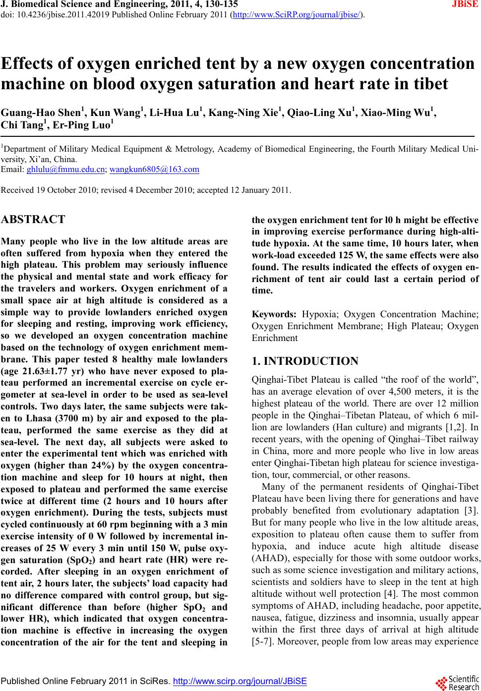 Effects of oxygen enriched tent by a new oxygen concentration machine ...