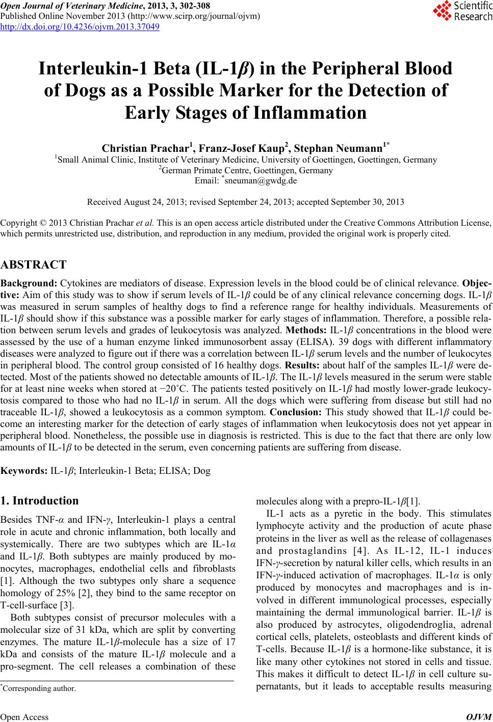 Interleukin-1 Beta (IL-1 β ) in the Peripheral Blood of Dogs as a ...