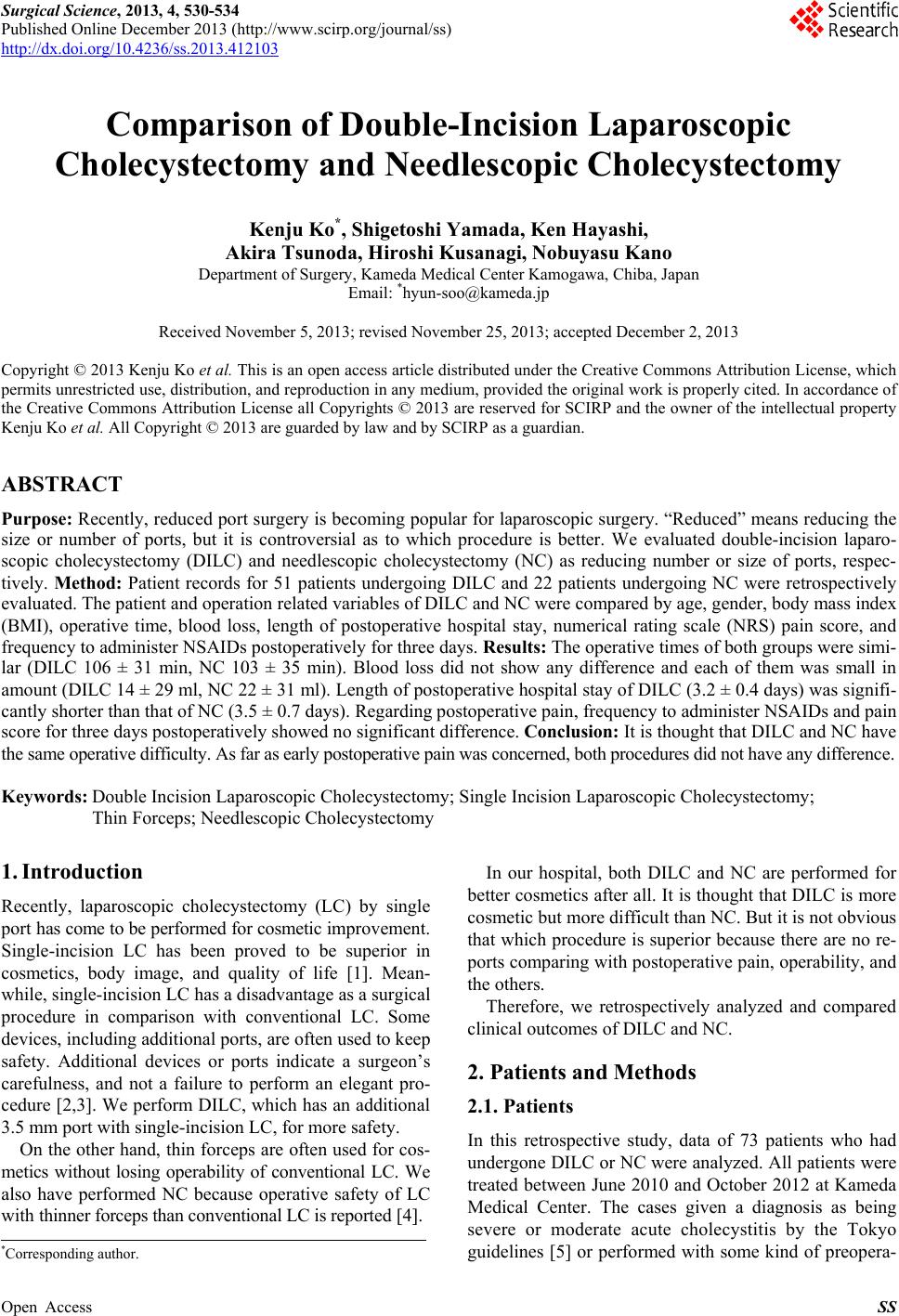 Comparison of Double-Incision Laparoscopic Cholecystectomy and ...