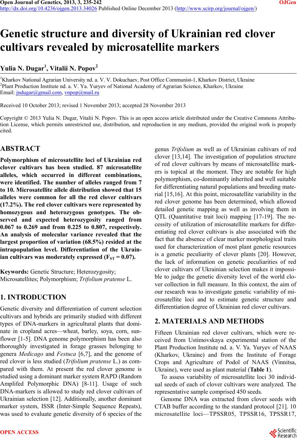 Genetic structure and diversity of Ukrainian red clover cultivars ...