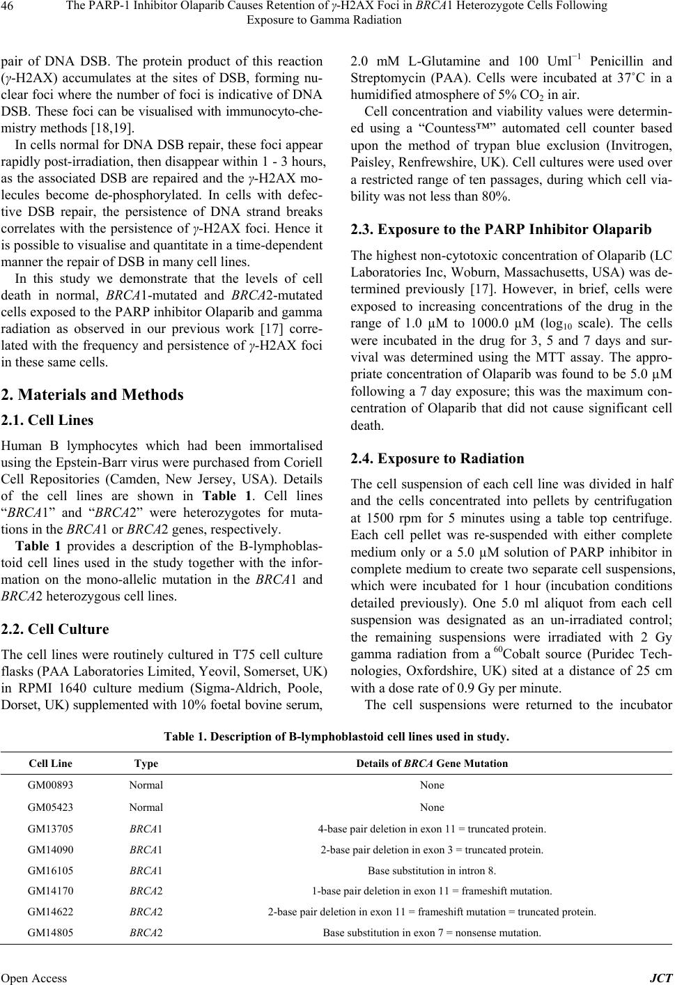 The PARP-1 Inhibitor Olaparib Causes Retention of γ-H2AX Foci in BRCA 1 ...