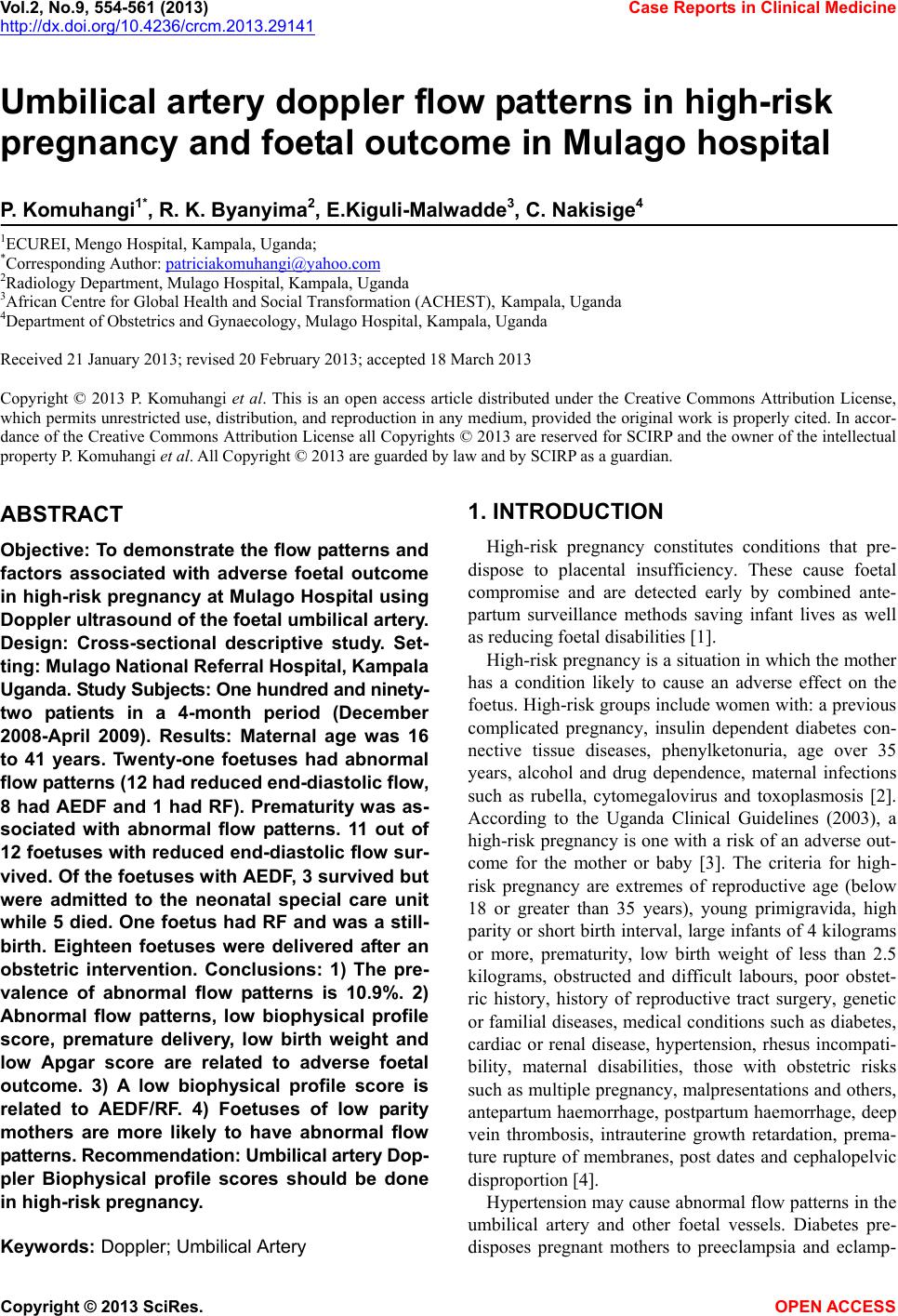 Umbilical artery doppler flow patterns in high-risk pregnancy and ...