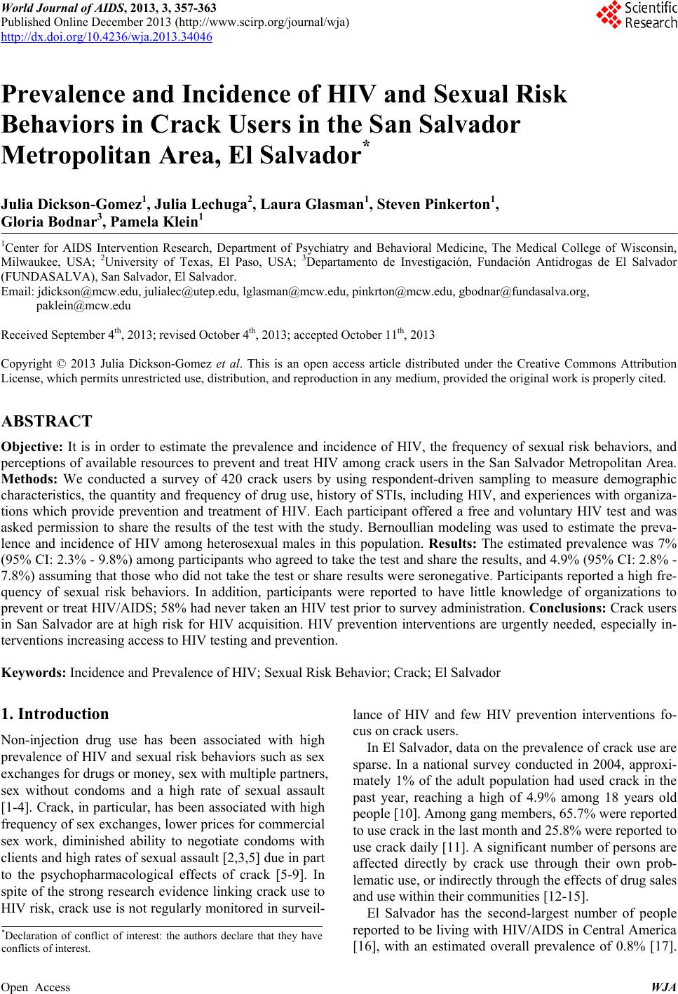 Prevalence And Incidence Of Hiv And Sexual Risk Behaviors In Crack