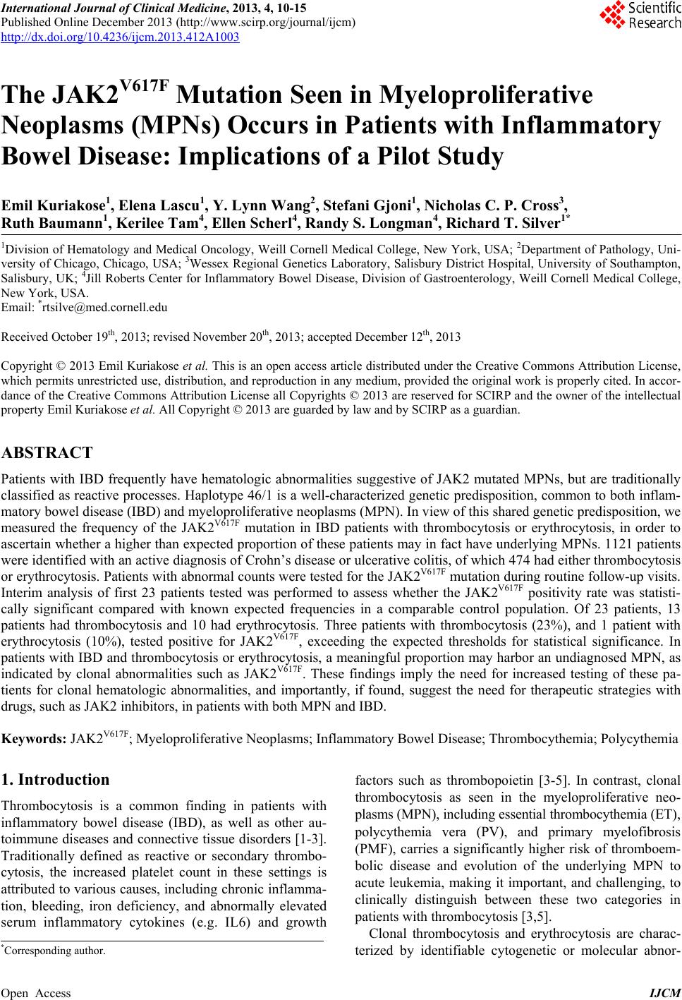 The JAK2 V617F Mutation Seen in Myeloproliferative Neoplasms (MPNs ...