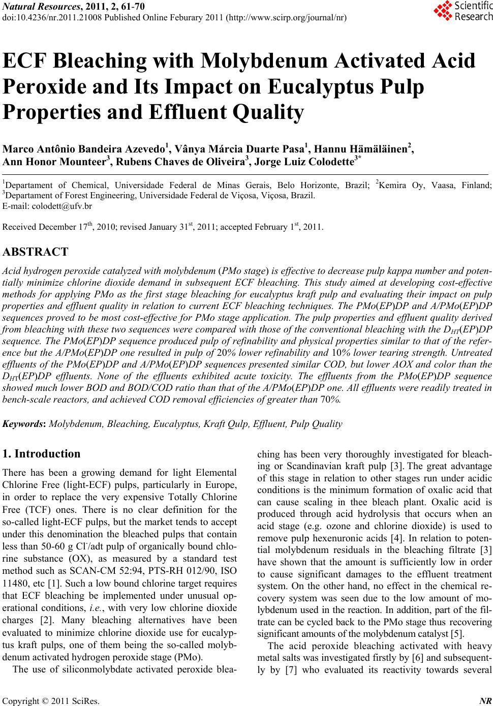 ECF Bleaching with Molybdenum Activated Acid Peroxide and its Impact on ...