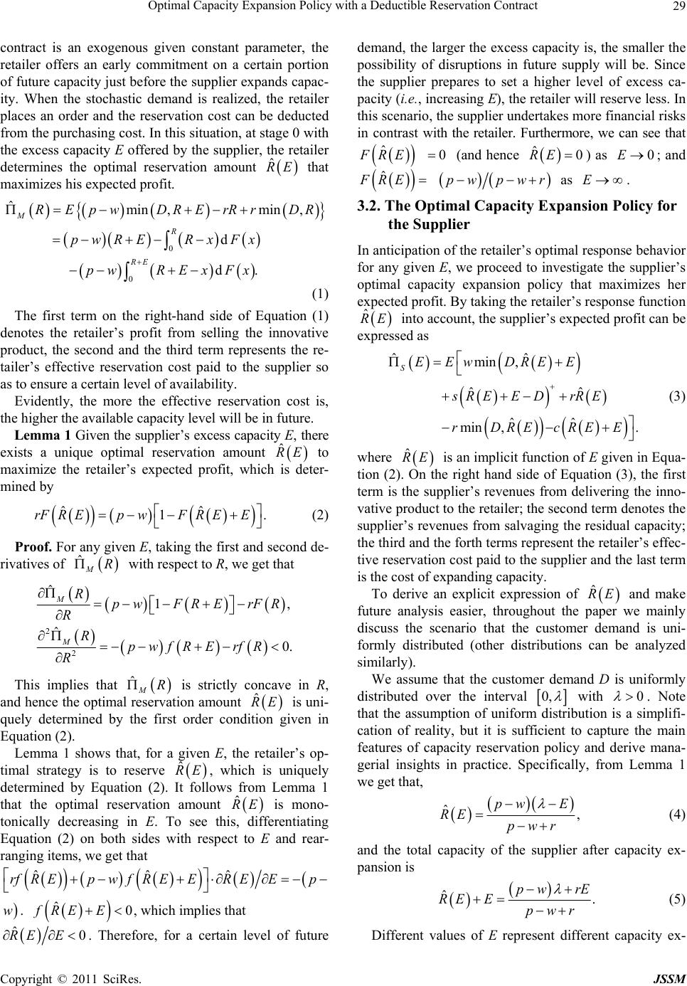 Optimal Capacity Expansion Policy with a Deductible Reservation Contract