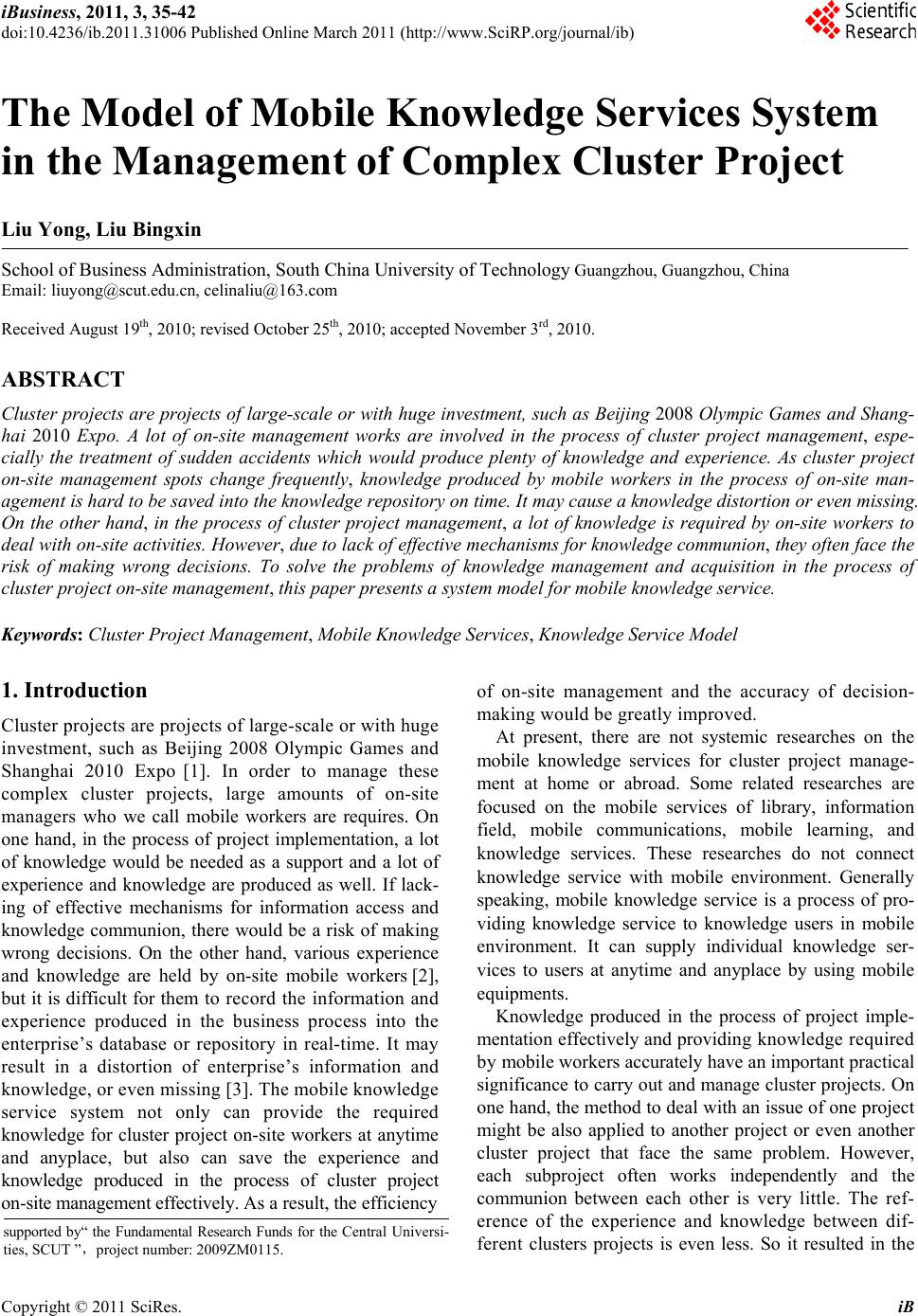The Model of Mobile Knowledge Services System in the Management of ...
