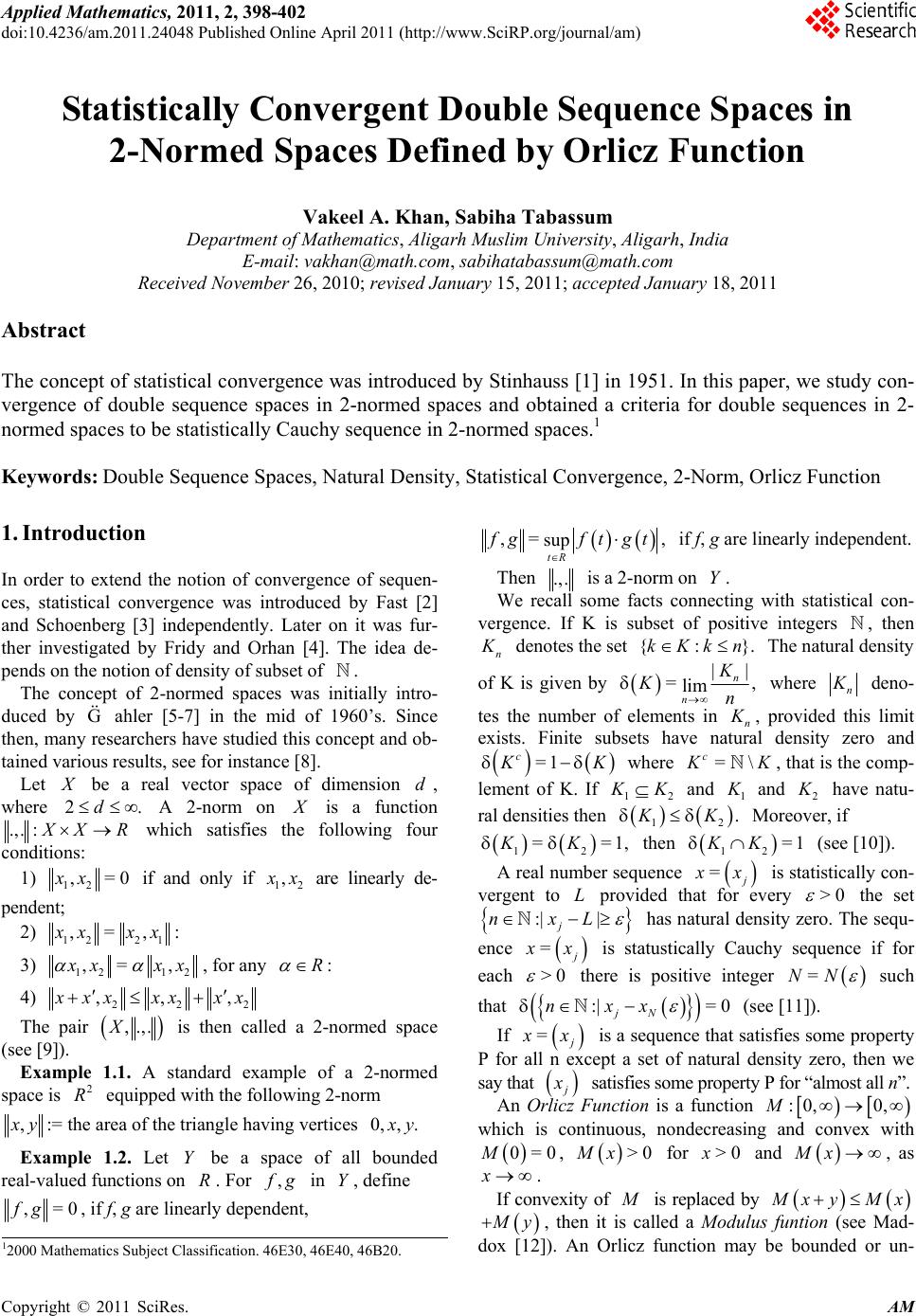 Statistically Convergent Double Sequence Spaces In 2 Normed Spaces Defined By Orlicz Function