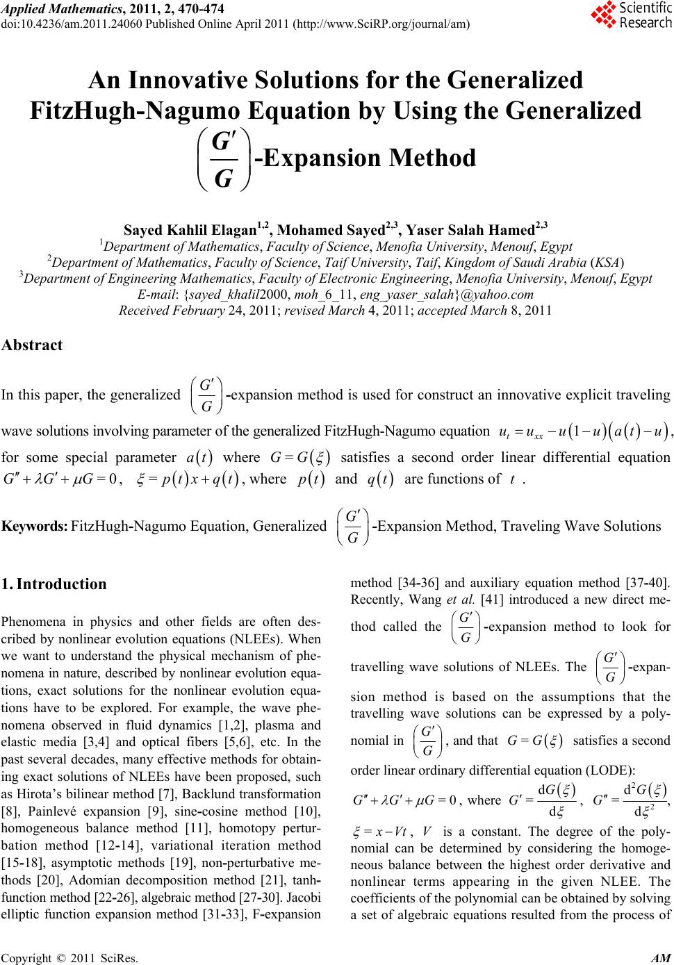 An Innovative Solutions for the Generalized FitzHugh-Nagumo Equation by ...