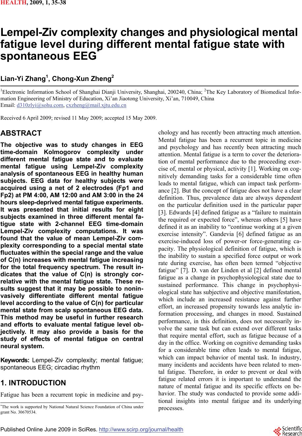 Lempel-Ziv complexity changes and physiological mental fatigue level during different mental ...
