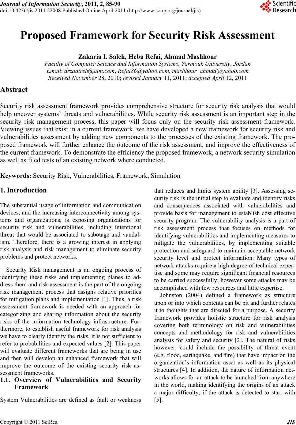 Proposed Framework for Security Risk Assessment