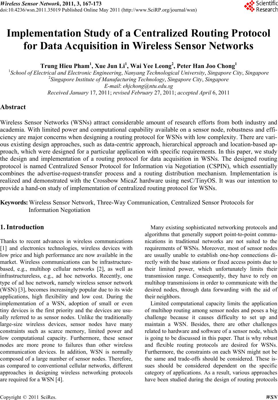 Implementation Study of a Centralized Routing Protocol for Data Acquisition in Wireless Sensor ...