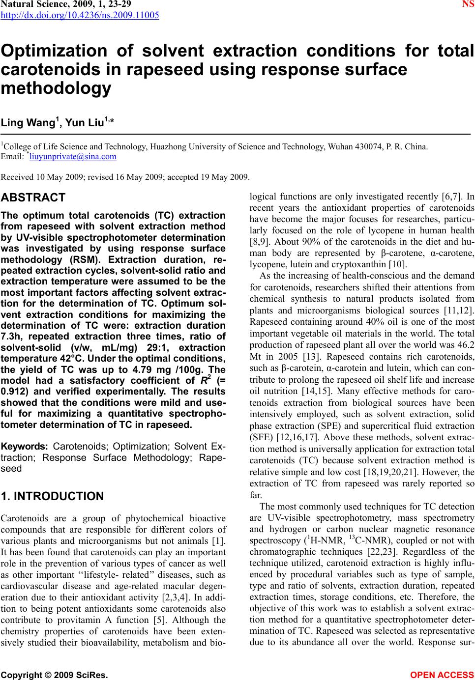 Optimization of solvent extraction conditions for total carotenoids in rapeseed using response ...
