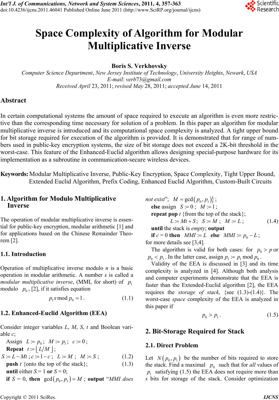 Space Complexity of Algorithm for Modular Multiplicative Inverse