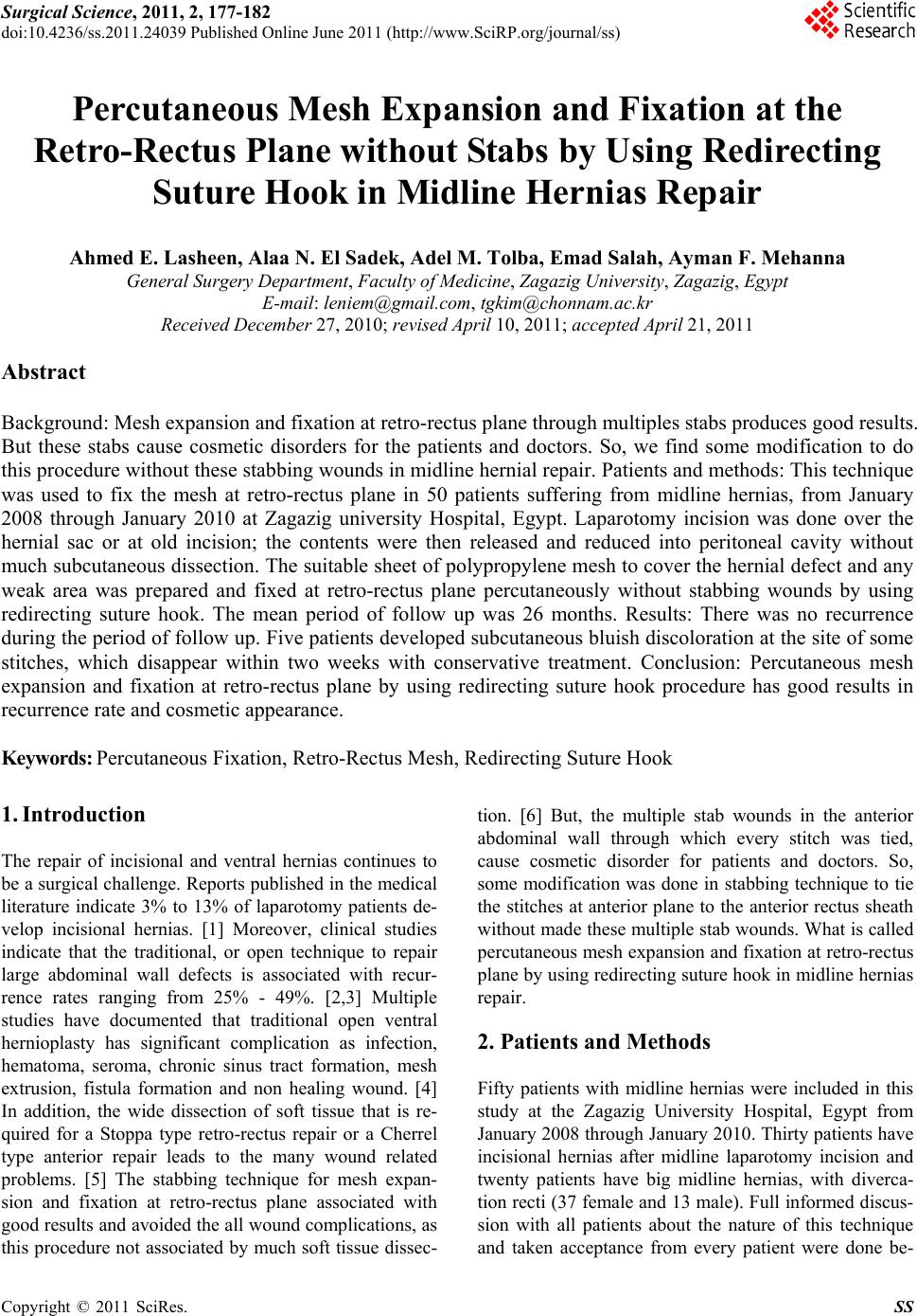 Percutaneous Mesh Expansion and Fixation at the Retro-Rectus Plane without Stabs by Using ...