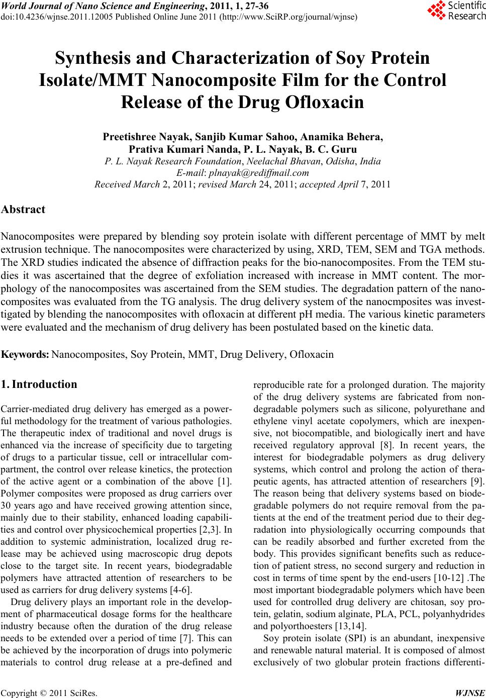 Synthesis and Characterization of Soy Protein Isolate/MMT Nanocomposite Film for the Control ...