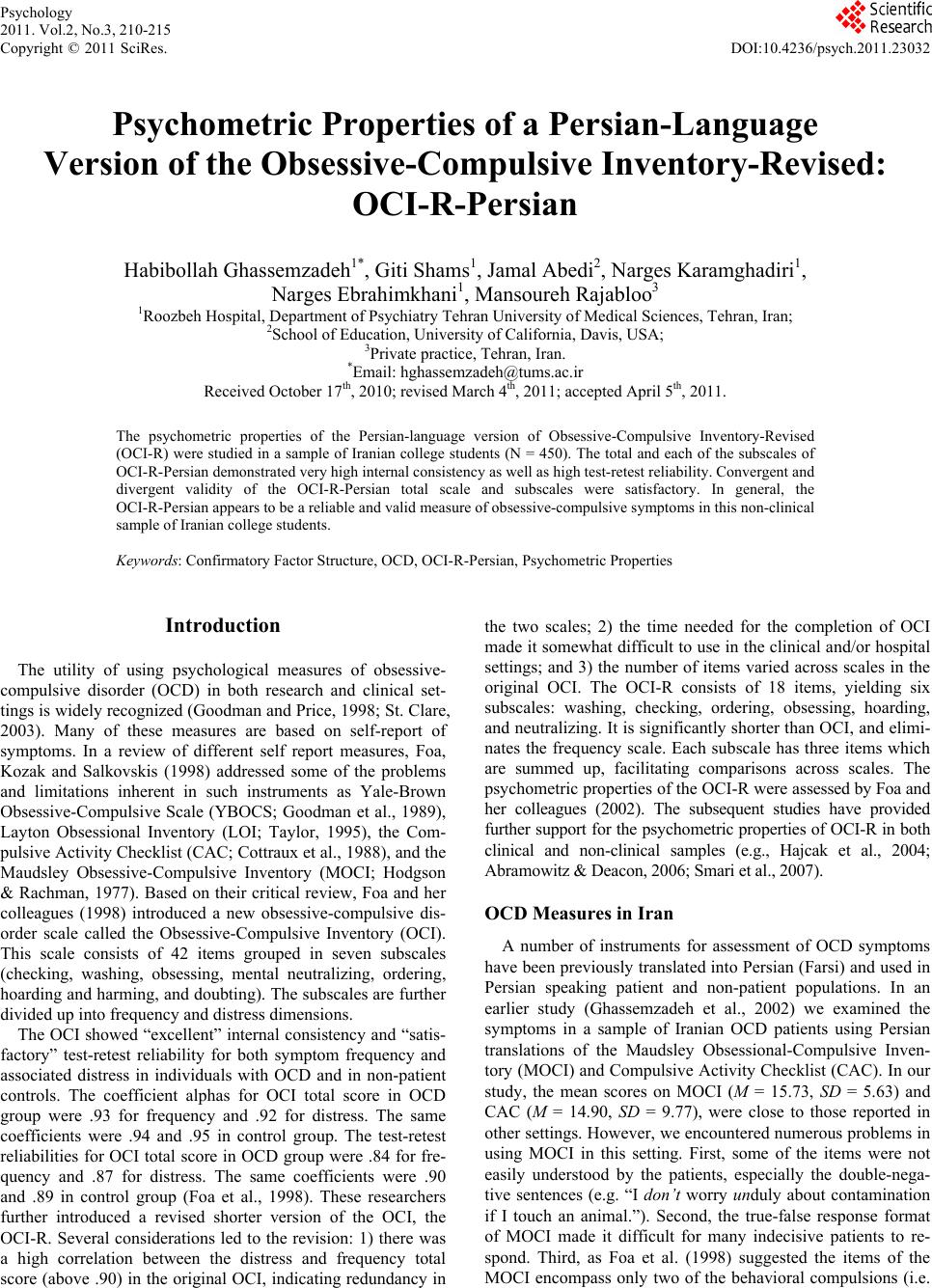 Psychometric Properties of a Persian-Language Version of the Obsessive ...