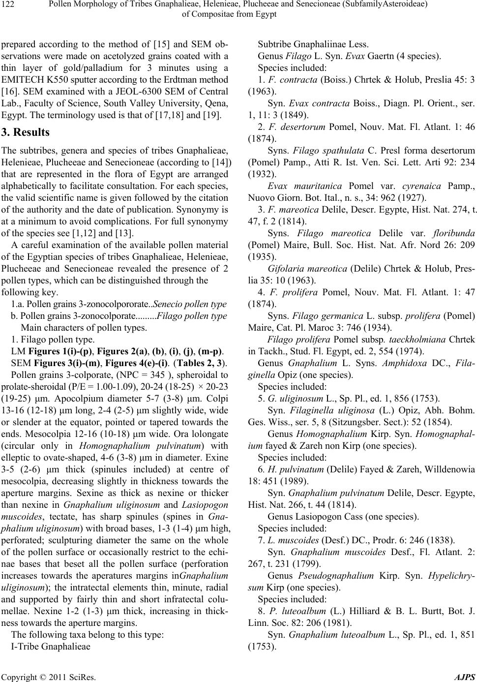 Pollen Morphology of Tribes Gnaphalieae, Helenieae, Plucheeae and ...